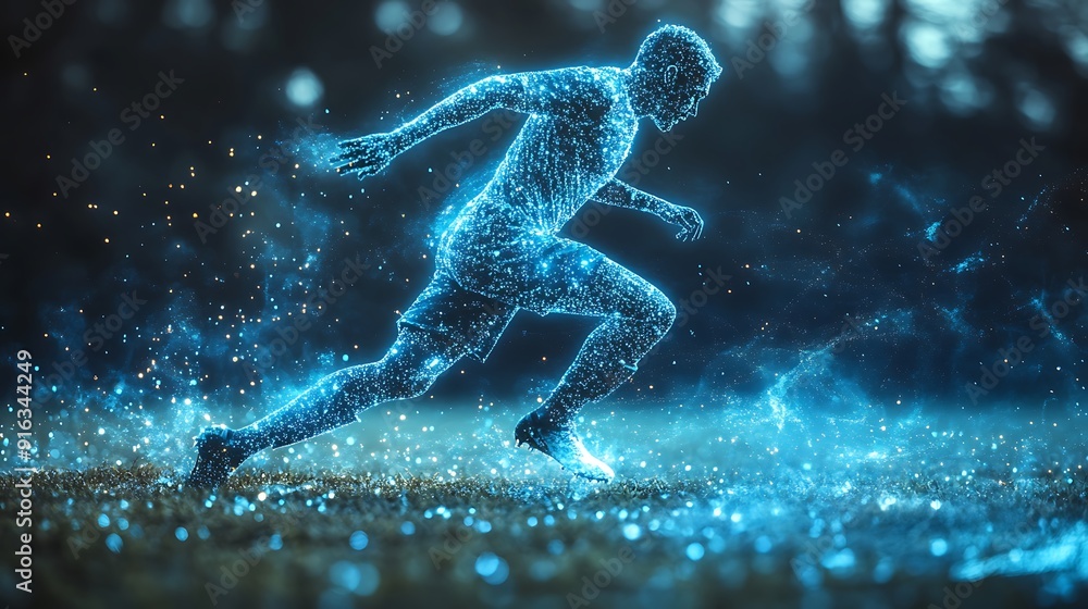 Blue digital soccer player with glowing data, artificial intelligence ...