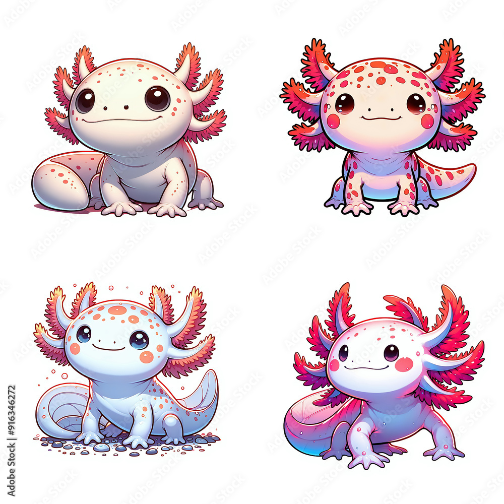 Cute axolotl clip art illustration collection set, cartoon amphibian ...