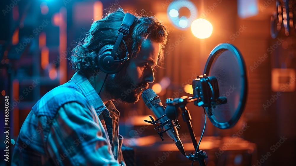 Podcaster in a modern studio, recording a video podcast with a high ...