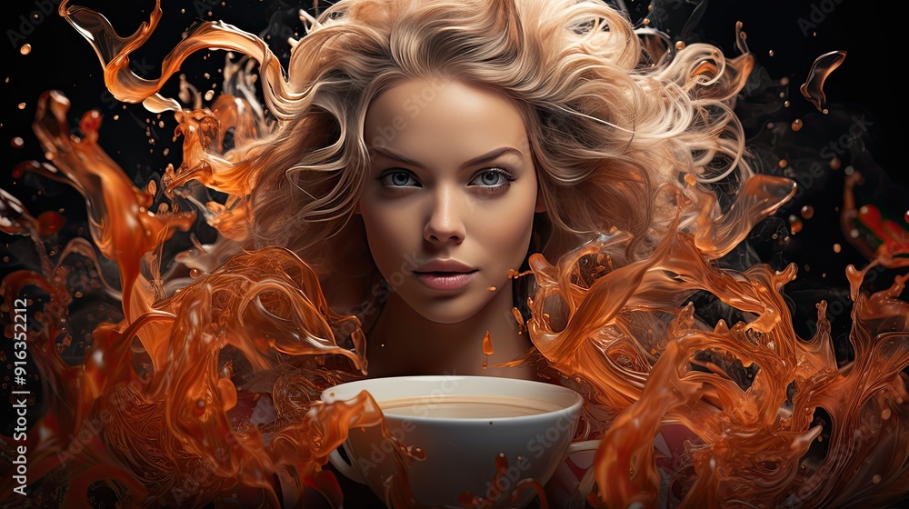 Artistic image of a woman with flowing fiery hair merging with liquid ...