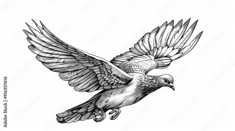 Black and white Vintage engraved art of a dove in flight, isolated on ...