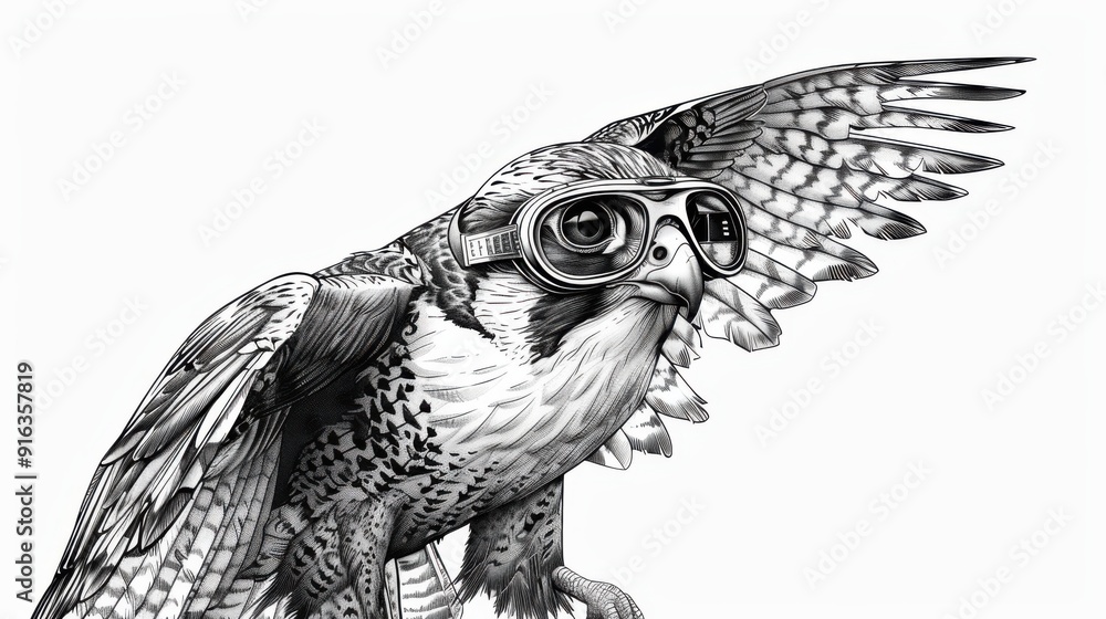 Black and white Vintage engraved art of a falcon wearing speed glasses ...