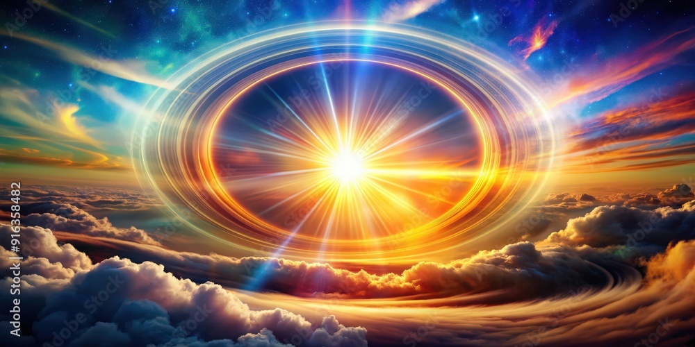 Vibrant celestial scene with radiant sun encircled by glowing rings above clouds, symbolizing ...