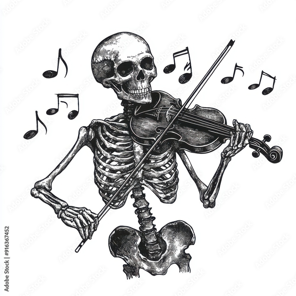 Black and white Vintage engraved art of a skeleton playing a violin ...