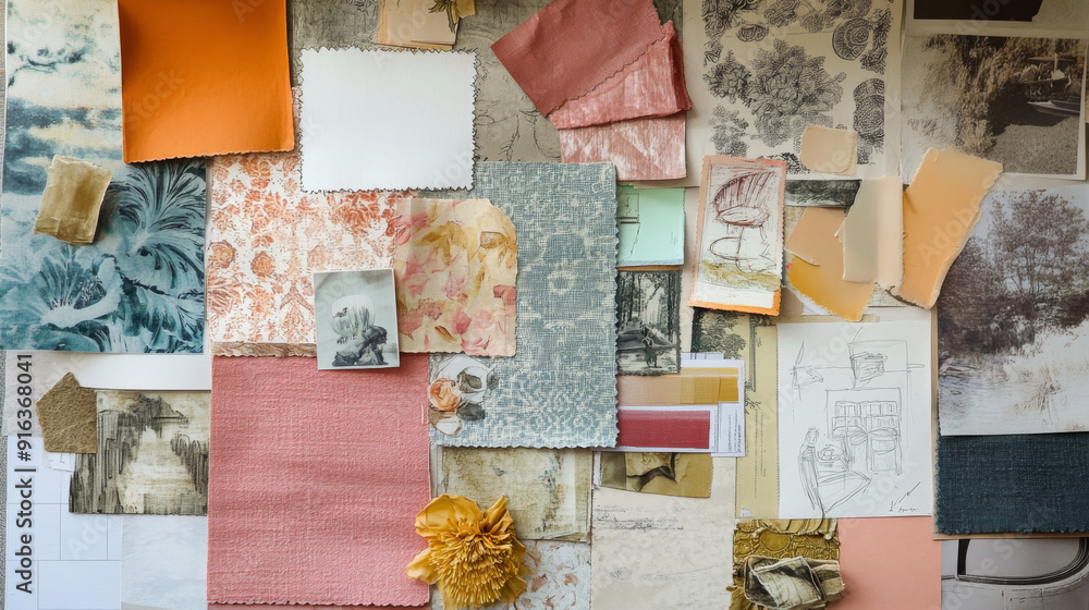 Illustrate a mood board or inspiration wall filled with fabric swatches ...