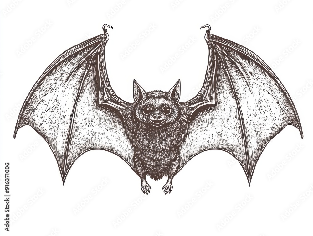 Black and white Vintage engraved art of a vampire bat with its wings ...