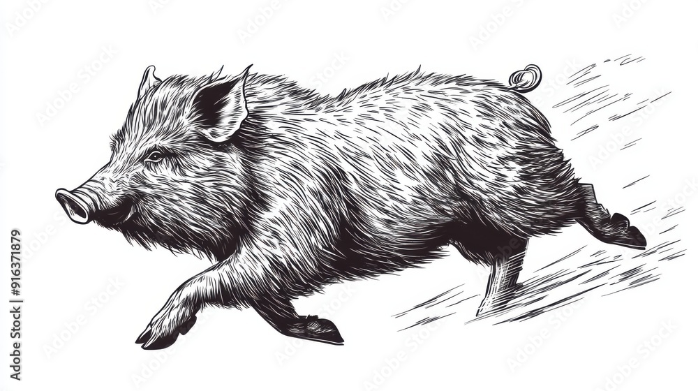 Black and white Vintage engraved art of a wild boar running sideways ...