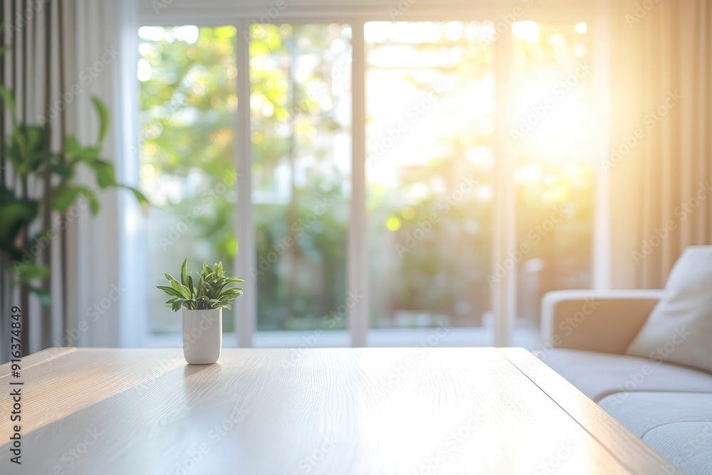 Blur living room at home with morning sunlight at big window for ...