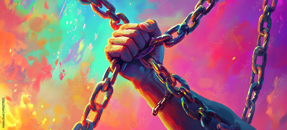 A banner design of hands engaged in revolutionary actions , breaking ...