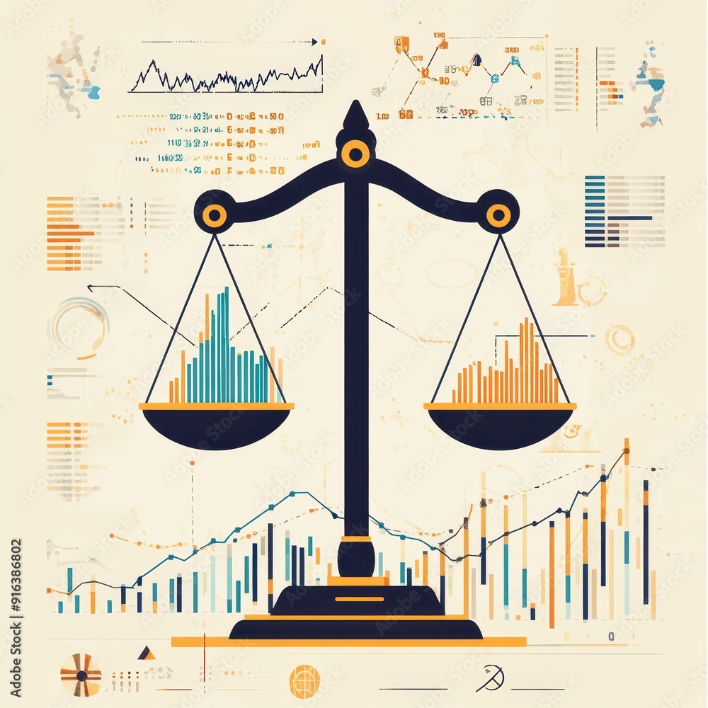 Elegant balance scale with GDP graphs on one side and investment flow ...