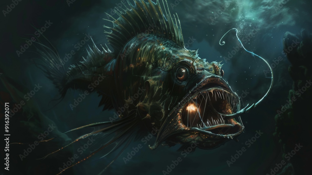 A detailed illustration of a deep-sea anglerfish hunting in the dark ...