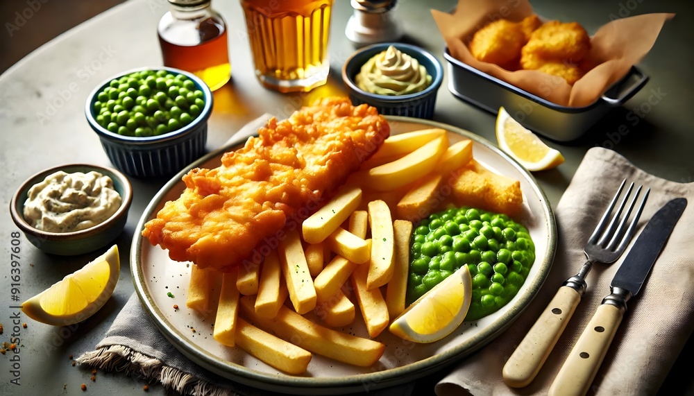 Quintessential British dish of classic fish and chips. A generous ...