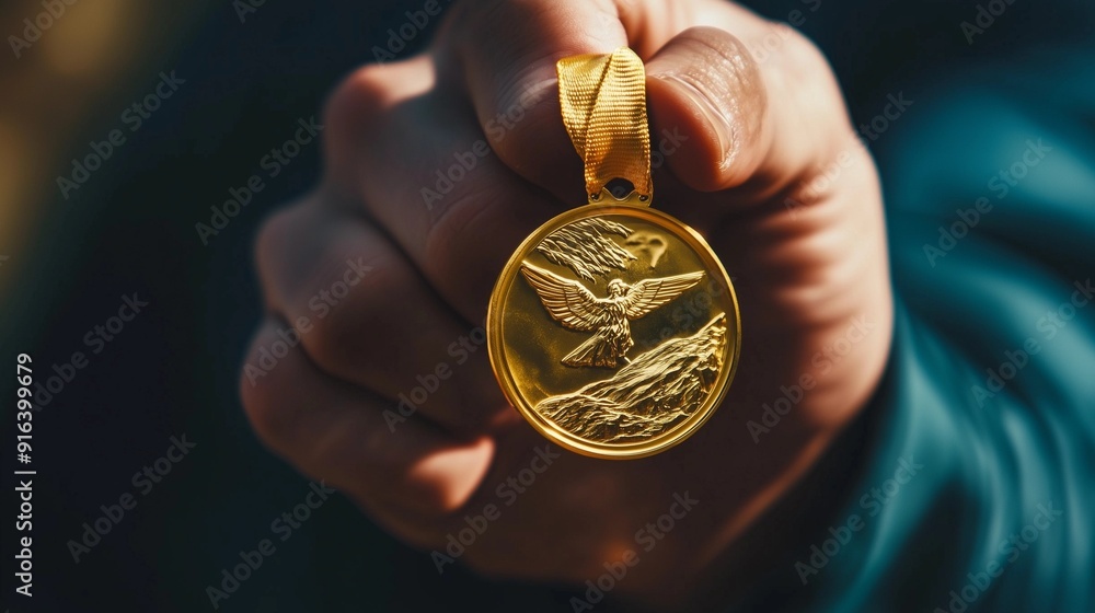 gold medal on red background, gold medal with red ribbon, Olympic gold ...