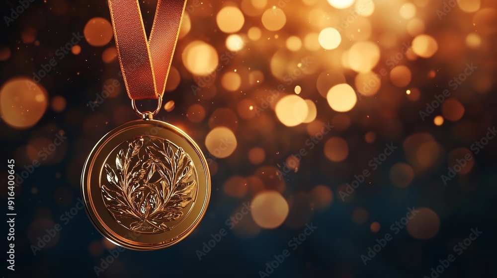 gold medal on red background, gold medal with red ribbon, Olympic gold medal, joyful, cheerful ...