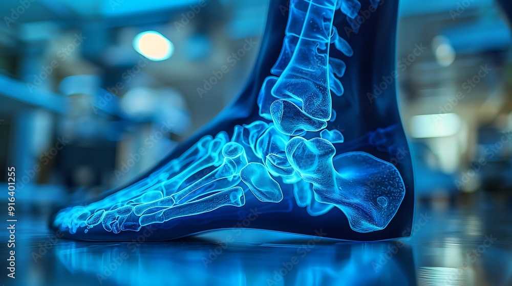 A high-resolution X-ray of a sprained ankle, focusing on bone and ...
