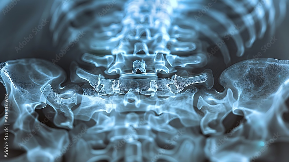 Anterior X-ray of a spinal fusion with visible surgical hardware and ...