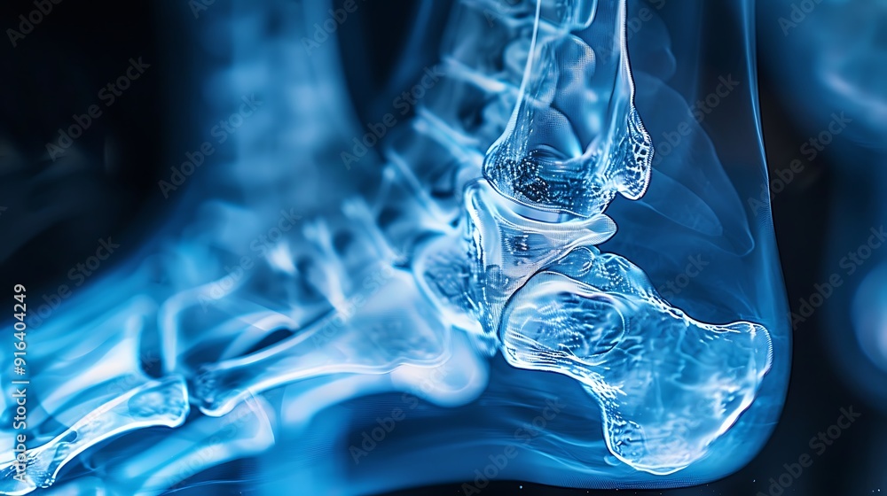 Close-up X-ray of a sprained ankle, focusing on bone and ligament ...
