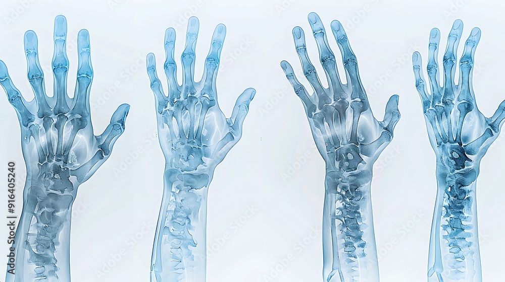 Composite X-ray image of a hand and wrist from multiple angles ...