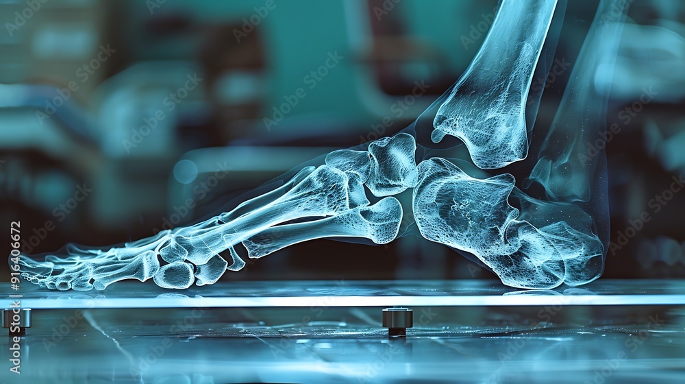 Detailed X-ray of a healing leg fracture, highlighting surgical pins ...