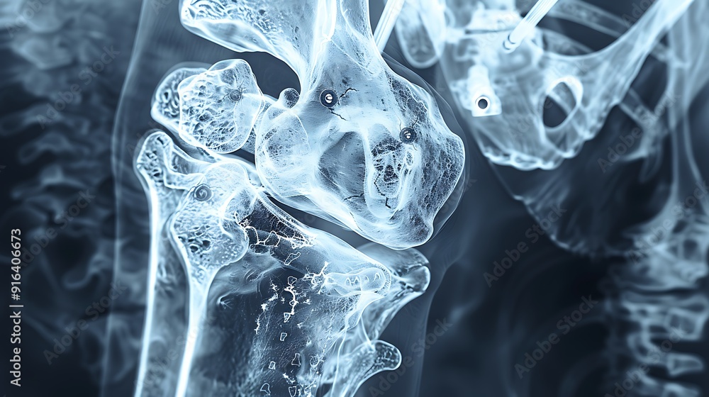 Detailed X-ray of a healing leg fracture, highlighting surgical pins ...