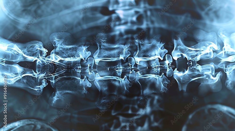 Detailed X-ray of a spinal fusion, showing surgical hardware and fused ...