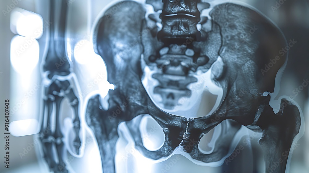 Detailed X-ray of the pelvis showing fractures, with clear bone ...