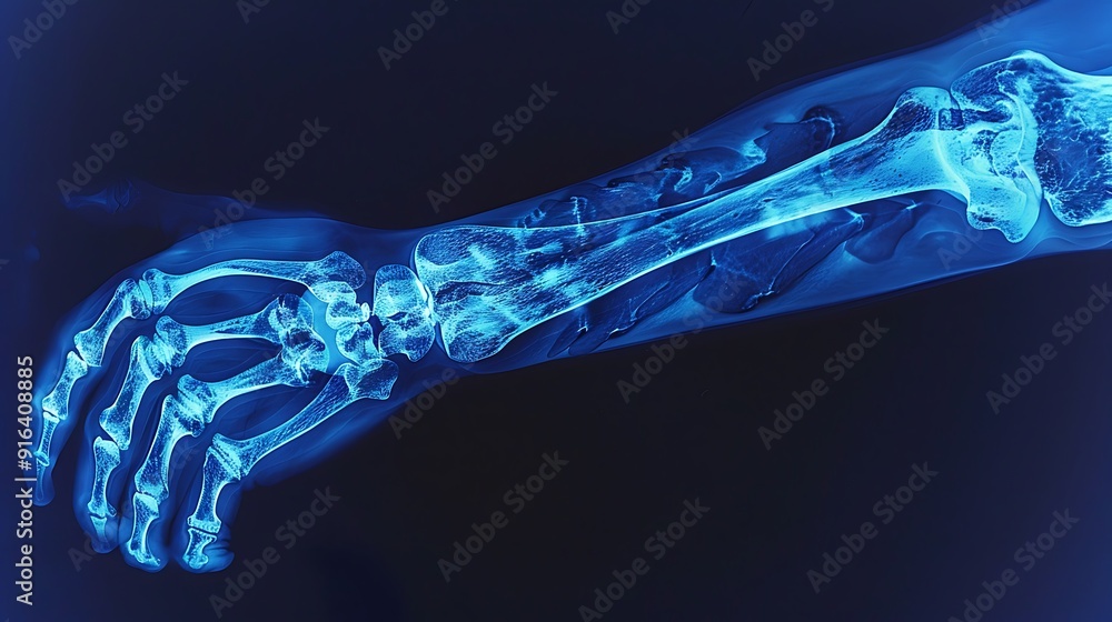 Pediatric arm X-ray showing a clear fracture, detailed bone structure ...