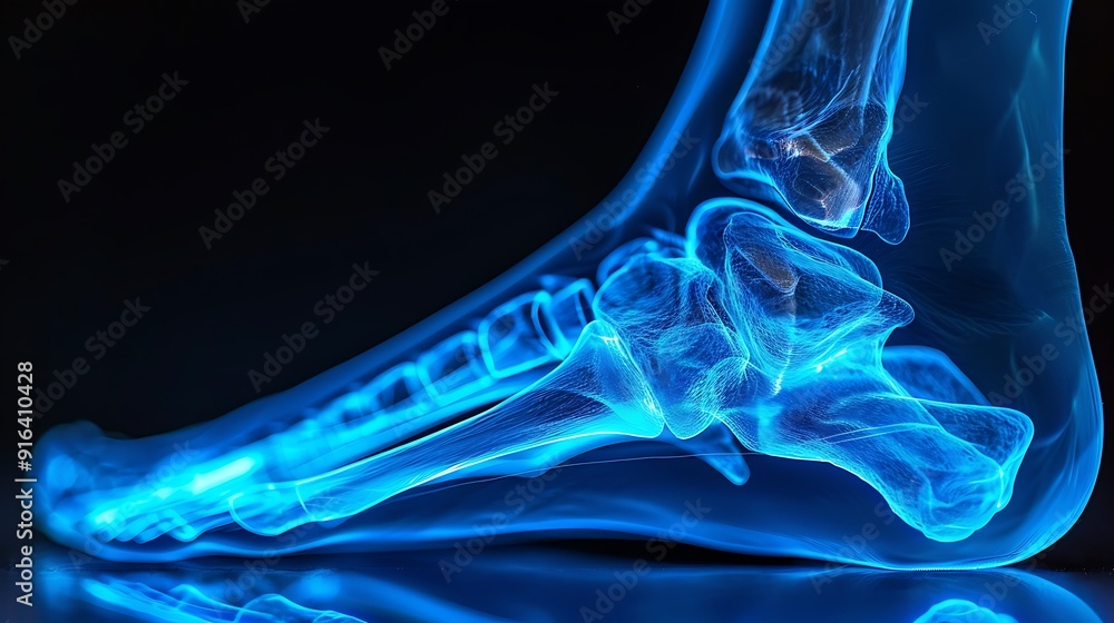 Side-view X-ray of a sprained ankle, highlighting bone and ligament ...