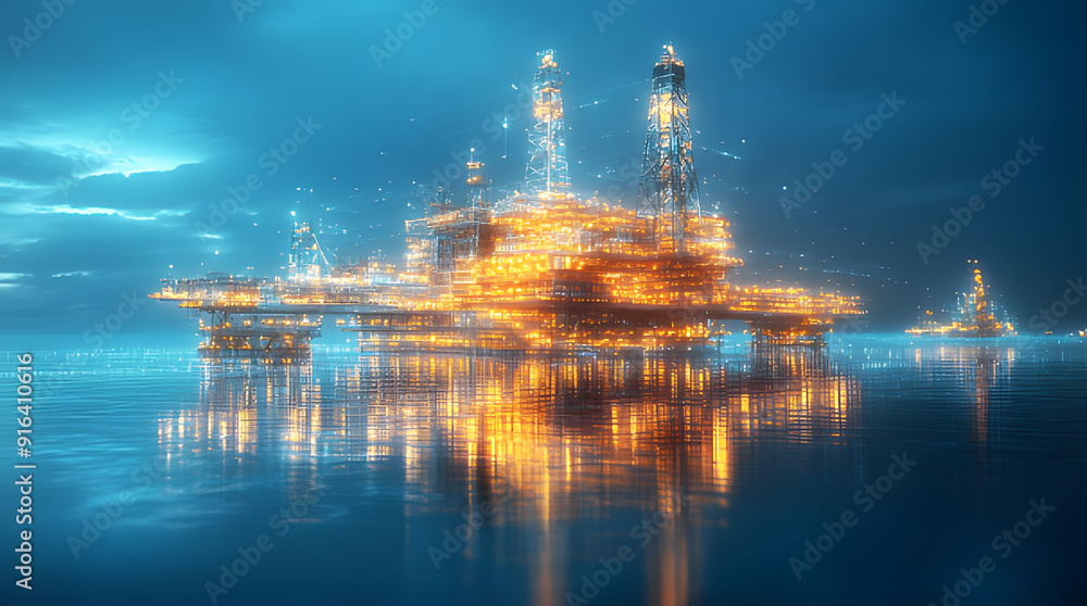 Holographic of digital Oil Drilling Platform display golden yellow ...