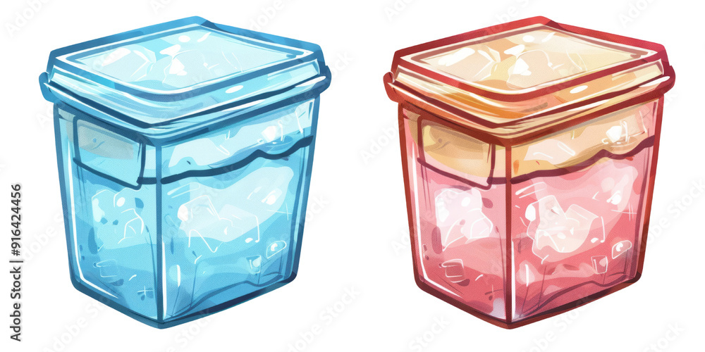Two cartoon ice boxes are illustrated on a empty background, showing ...