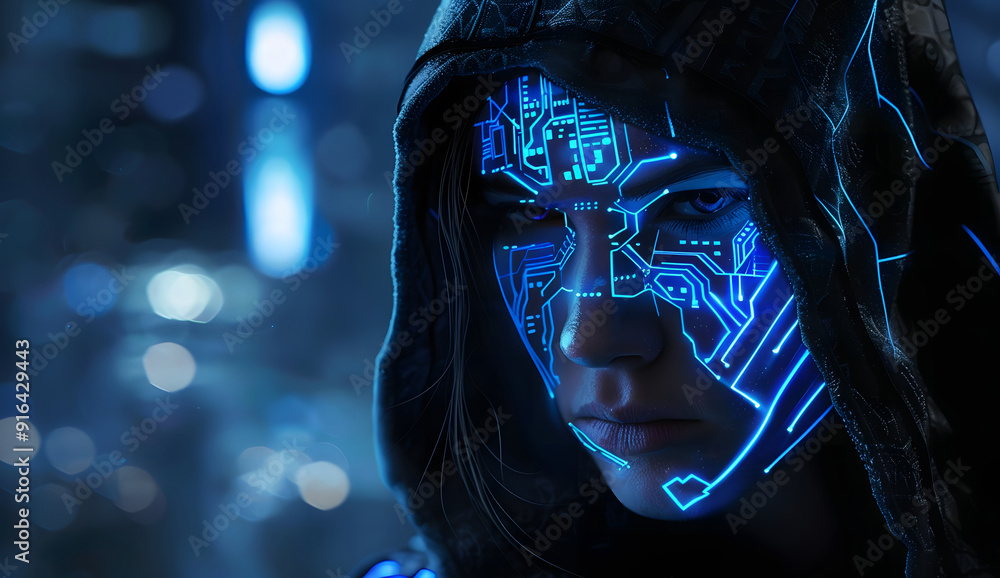 A blue digital hacker with glowing binary code, AI in cybersecurity ...