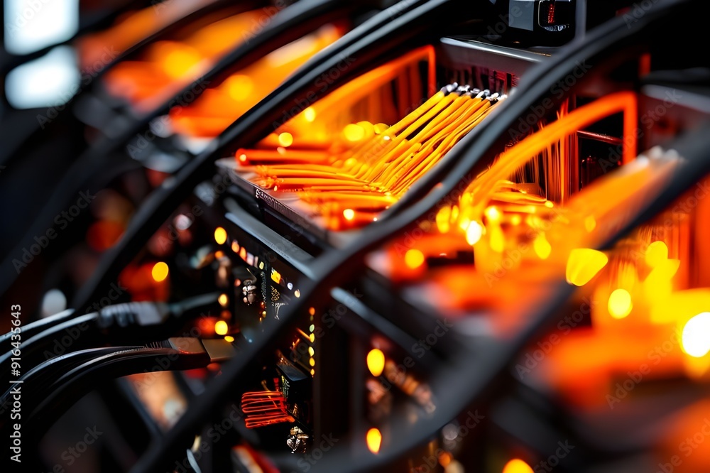 Macro photography of interlocking networking cables in a server room ...