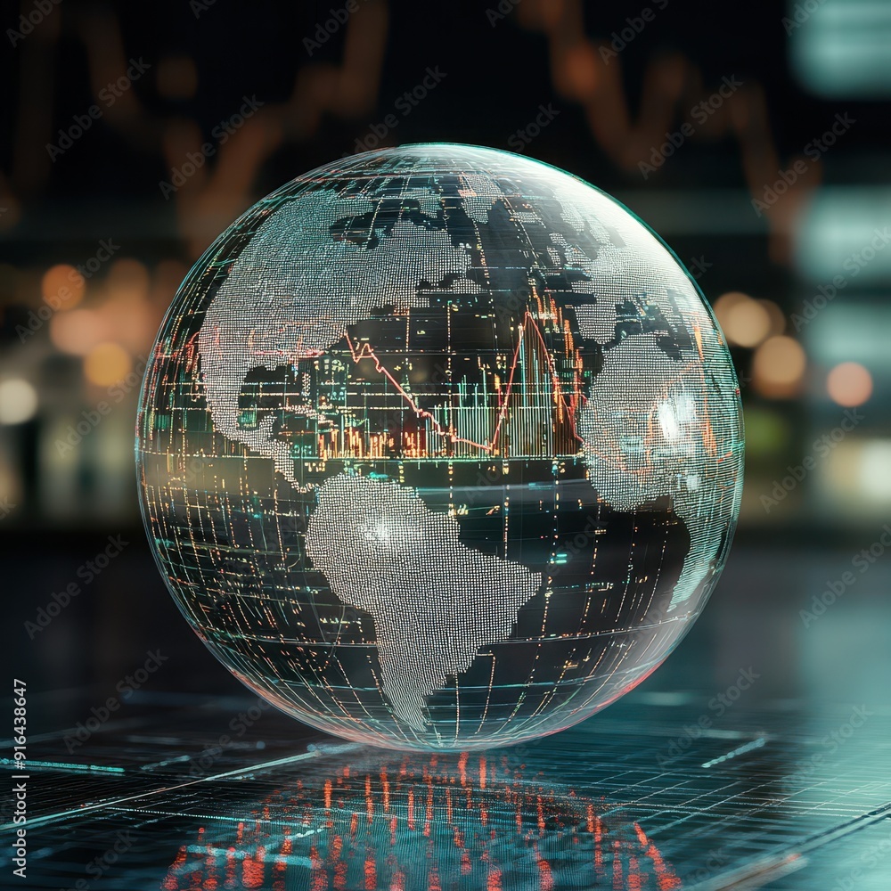 Detailed wireframe globe with GDP and inflation graphs projected on its ...