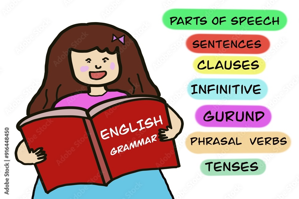 Hand drawn picture of girl is reading English grammar book. with type ...