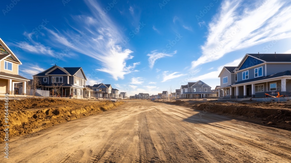 a house construction site, showing a row of houses at different stages ...
