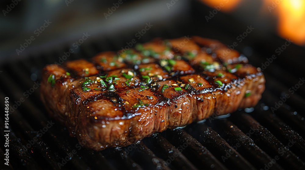 Sizzling Steakhouse Delight: Juicy grilled steak with herbs on a fiery ...