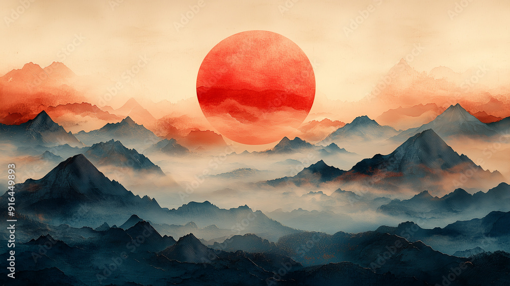 Crimson Sunset Over Misty Mountains: A breathtaking landscape painting ...