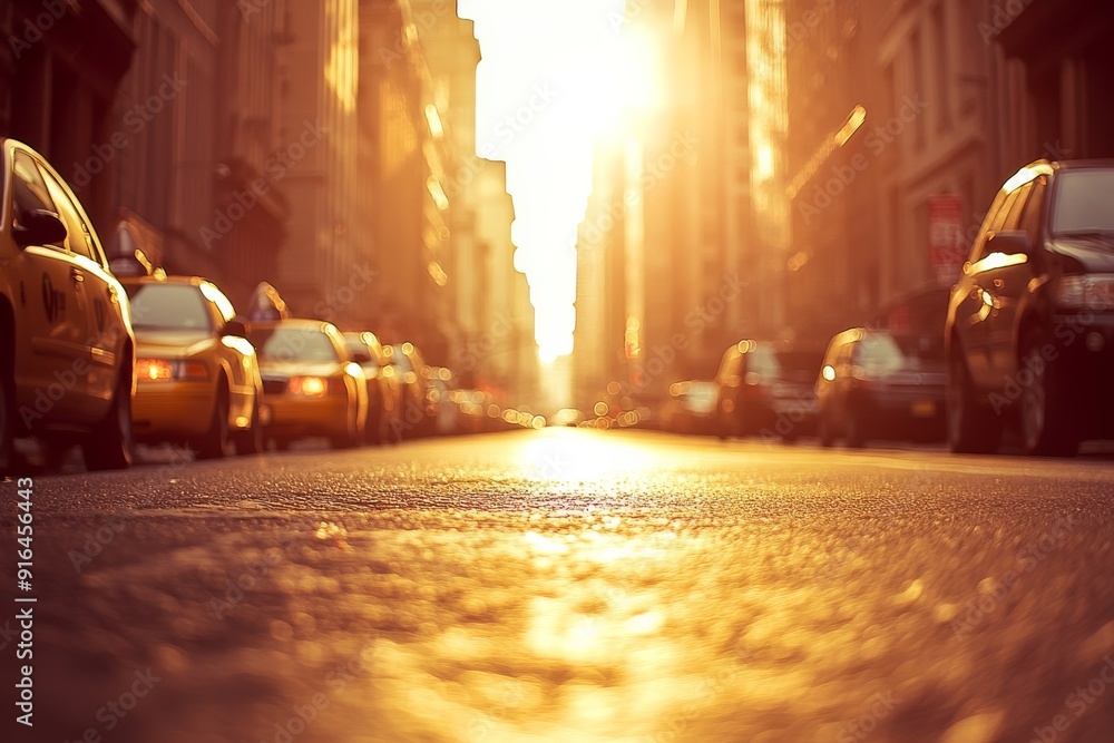 Cars line a busy street as the summer sun casts a warm glow, creating ...
