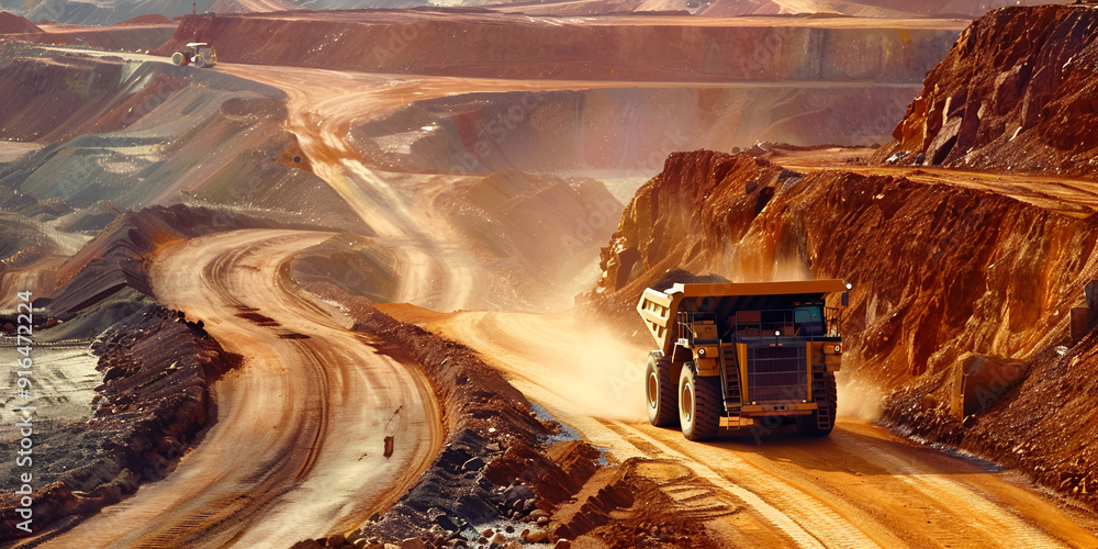 A heavy-duty mining truck navigating a dusty, winding road through a ...