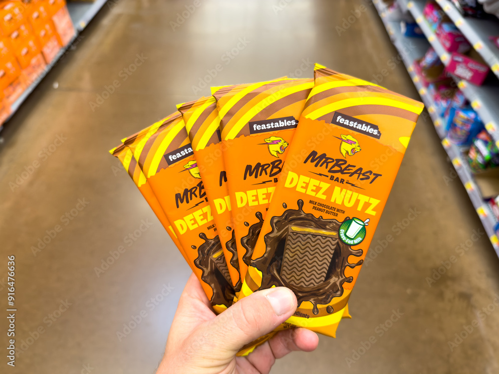 Feastables Deez Nuts Mr. Beast chocolate bars inside a department store ...