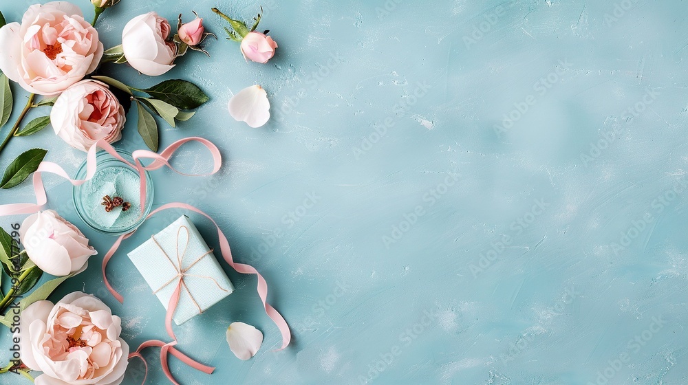 Blue background with pink flowers, gift box and pink ribbon on top of ...