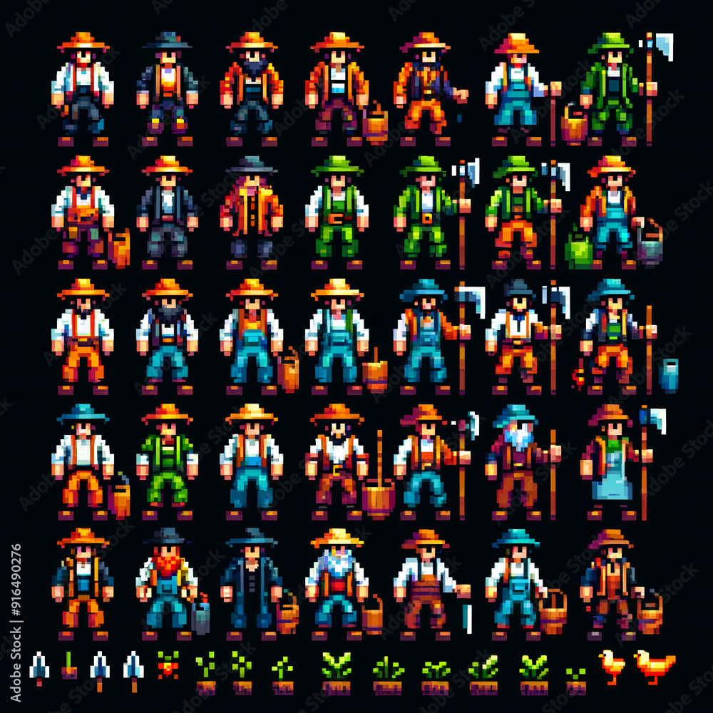 RPG-style pixel art farmers icons sprite sheet ilustração do Stock ...