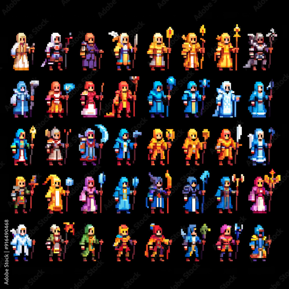 Sprite sheet of RPG clerics in pixel art style Stock 일러스트레이션 | Adobe Stock