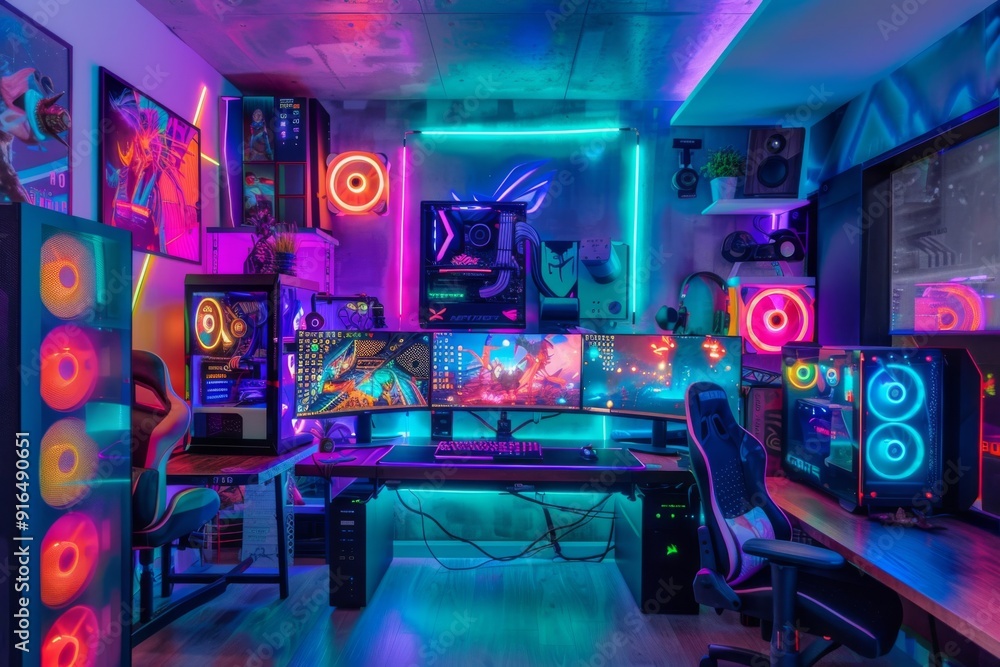 Full advanced gaming computer setup in a room, with a futuristic neon ...