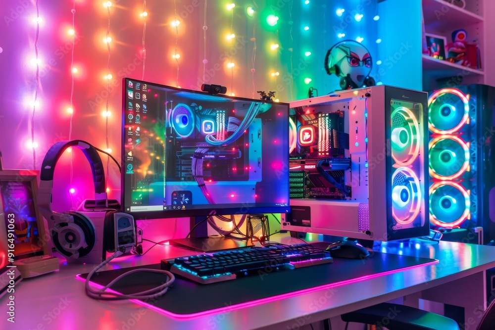 Full advanced gaming computer setup in a room, with a futuristic neon ...
