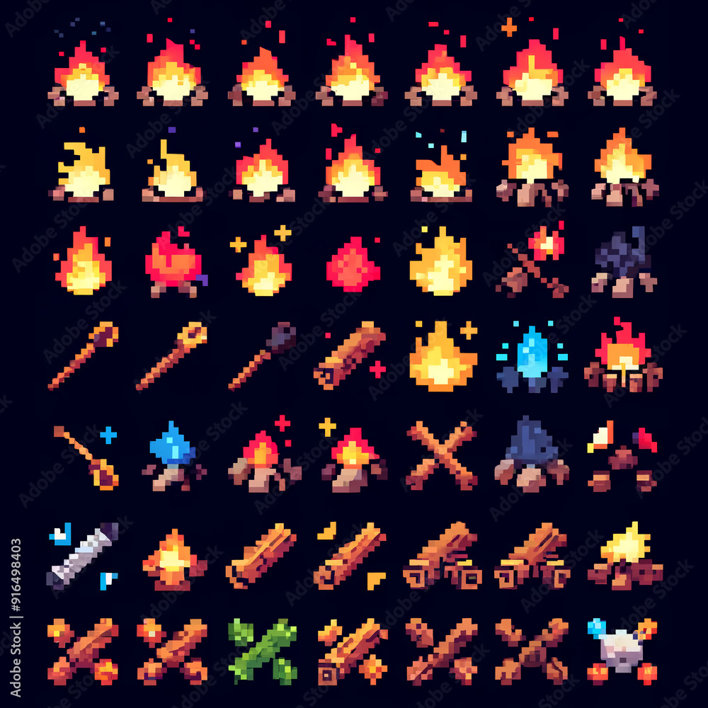 Pixel Art RPG Campfire Icons for Games Stock Illustration | Adobe Stock