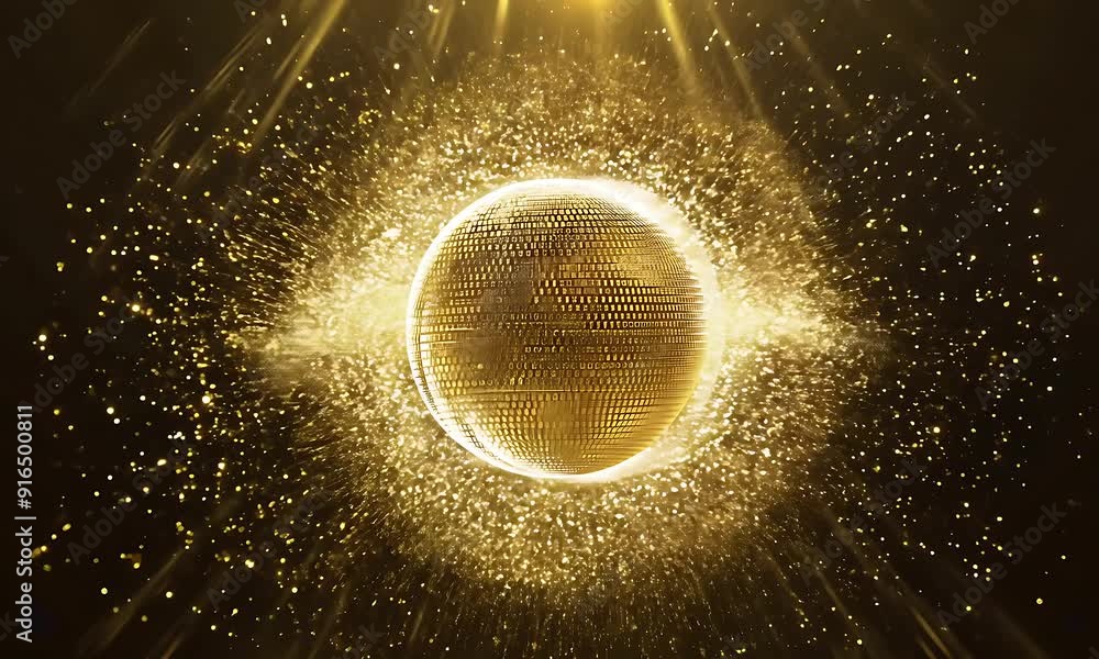 This features mesmerizing golden particles forming a glowing sphere in a dark environment Stock ...