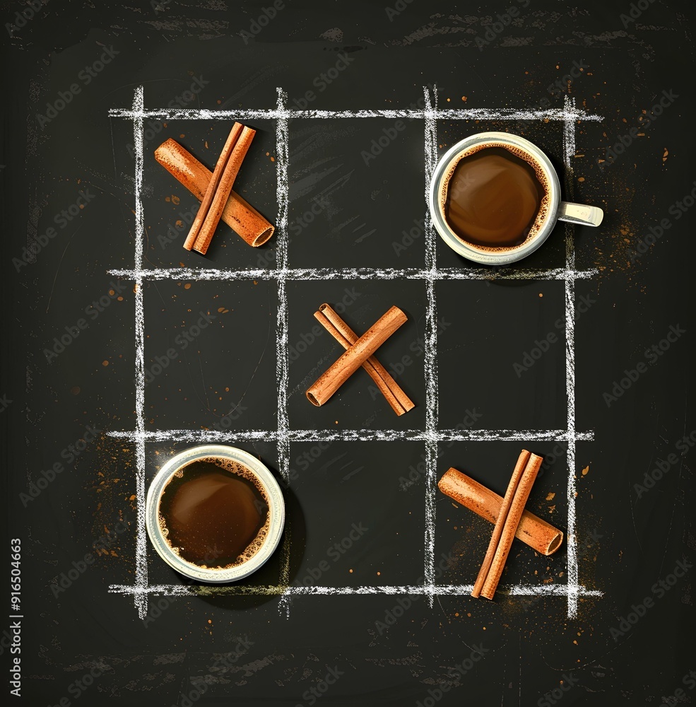 Tic-tac-toe game with coffee cups and cinnamon sticks on a chalkboard ...