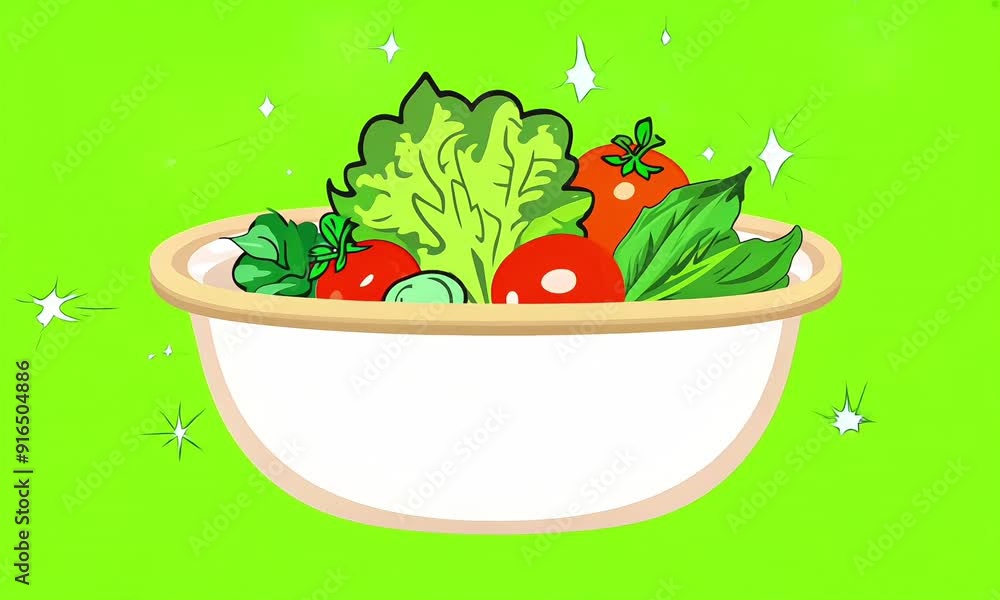 Cartoon A bowl vegetable salad pop up animation on green screen ...