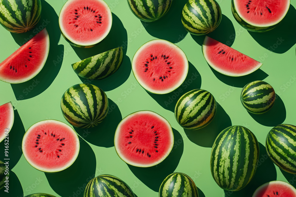 Display of different whole and half cut fresh watermelons on a green ...